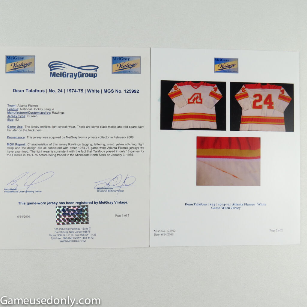 Dean Talafous Atlanta Flames 1973 1974 Game Used Jersey - Game Used Only